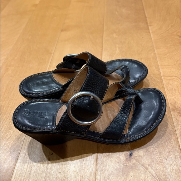 Born | Shoes | Born Slip On Thong Leather Sandals Wedge Black 8 | Poshmark